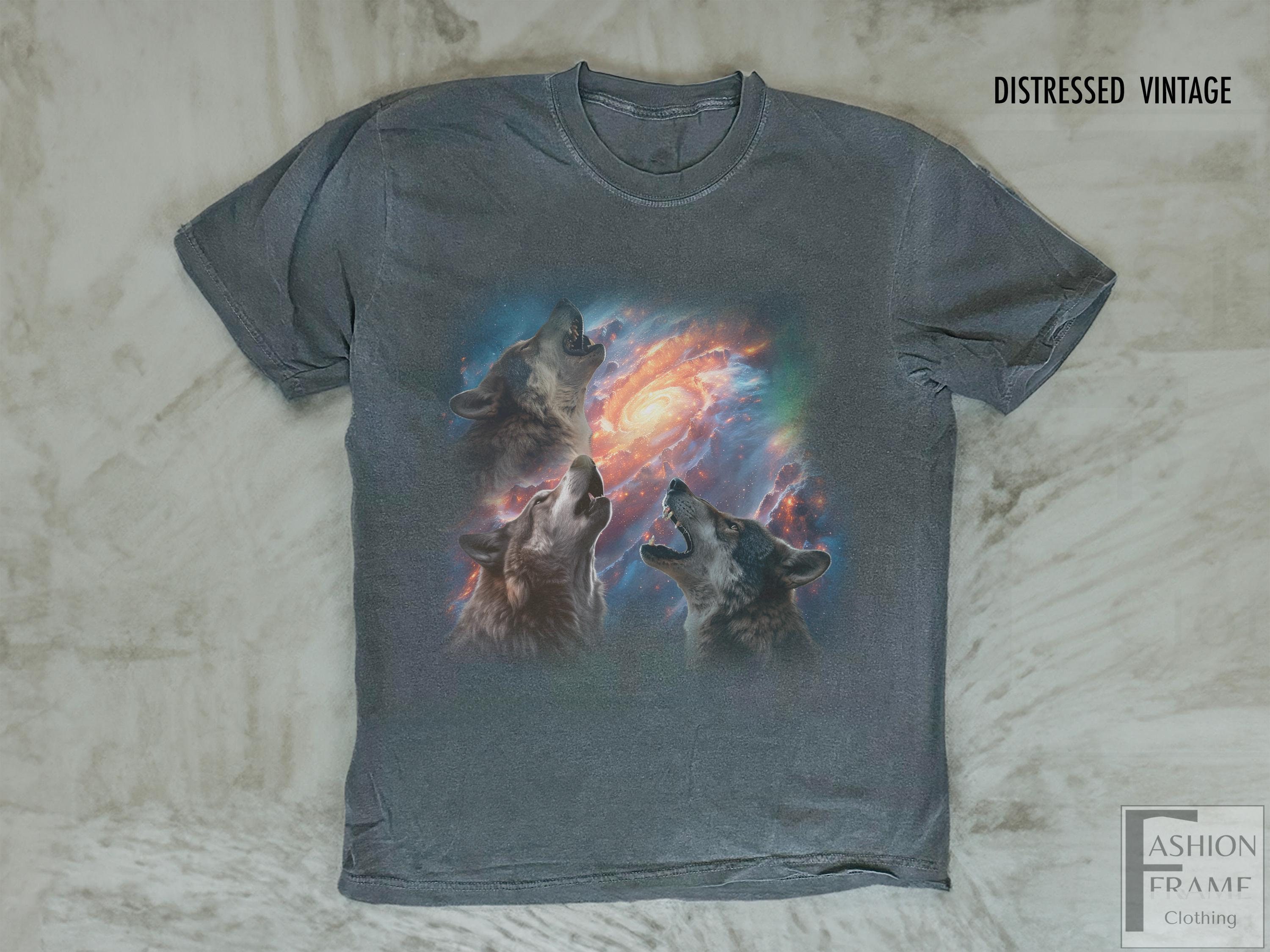 Three Wolf Howling Galaxy Shirt, Wolf Moon Tee, Vintage Retro Graphic ...