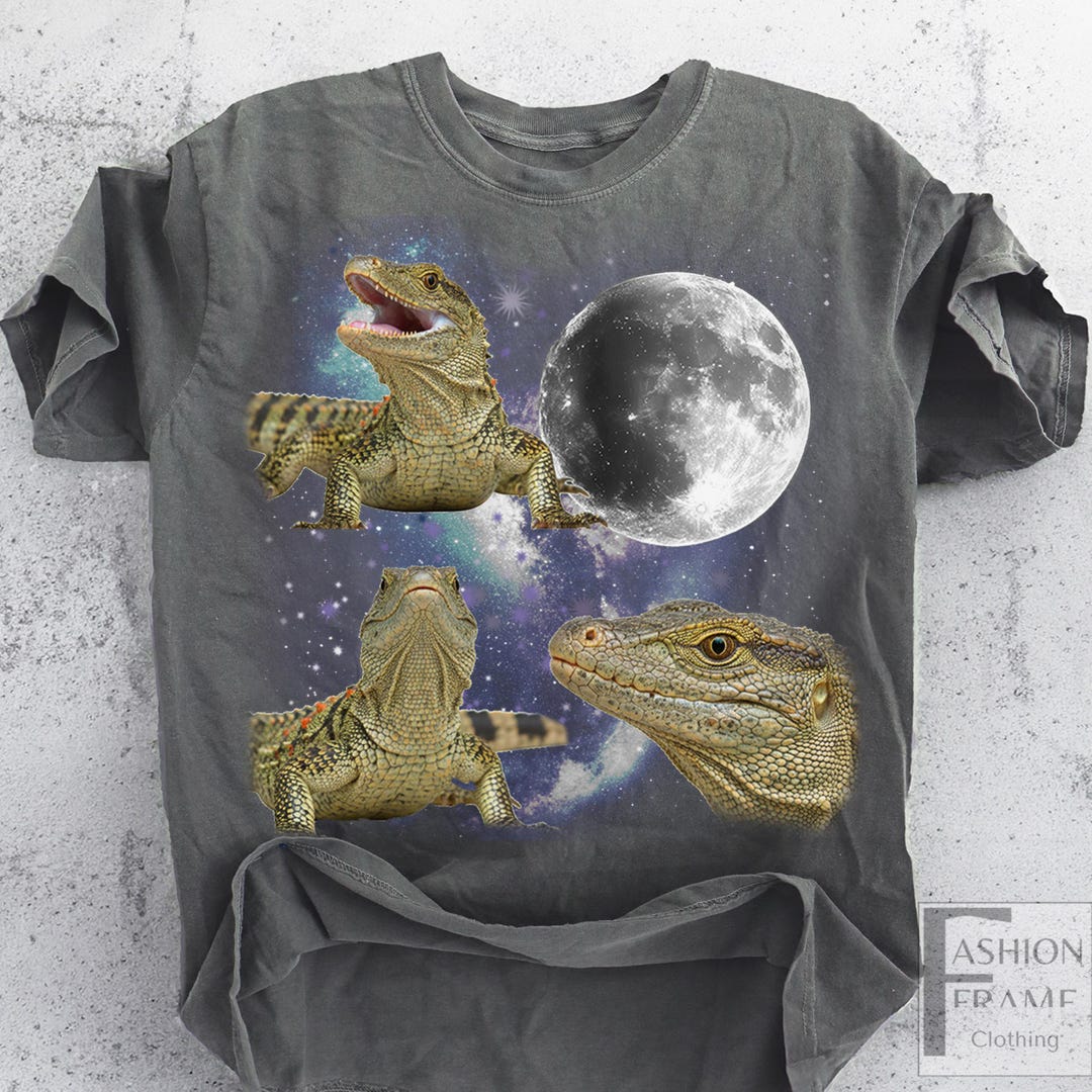 Three Caiman Lizard Graphic T-shirts, Retro Reptile Moon Tee, Funny ...