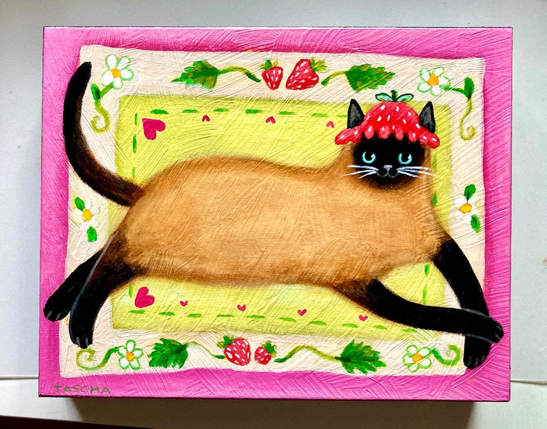 Original Painting Siamese Cat in Strawberry Hat Cute Cat Folk Art ...
