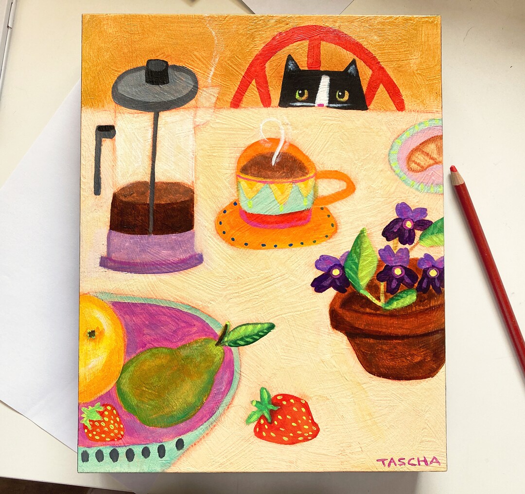 Original Tuxedo Cat at Table Painting Tablescape Dining Kitchen Cat ...