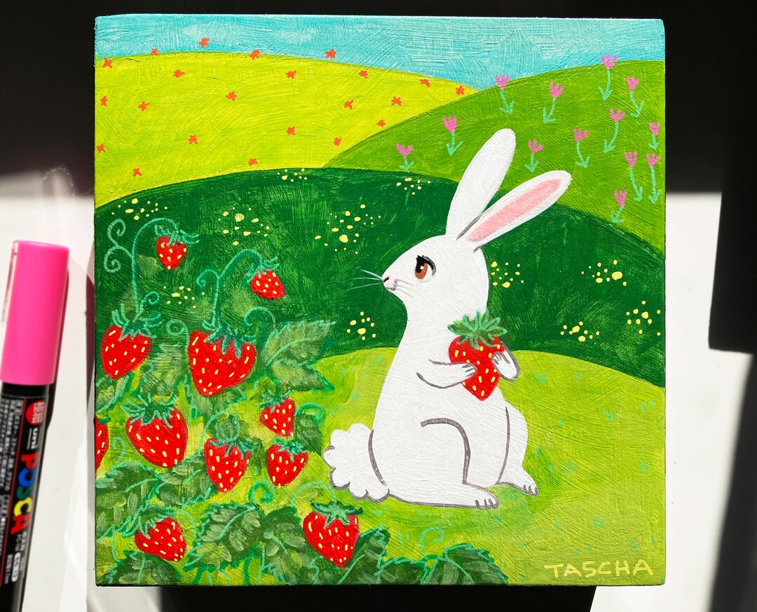 Original White Bunny Rabbit at Strawberry Patch Painting Cute Year of ...