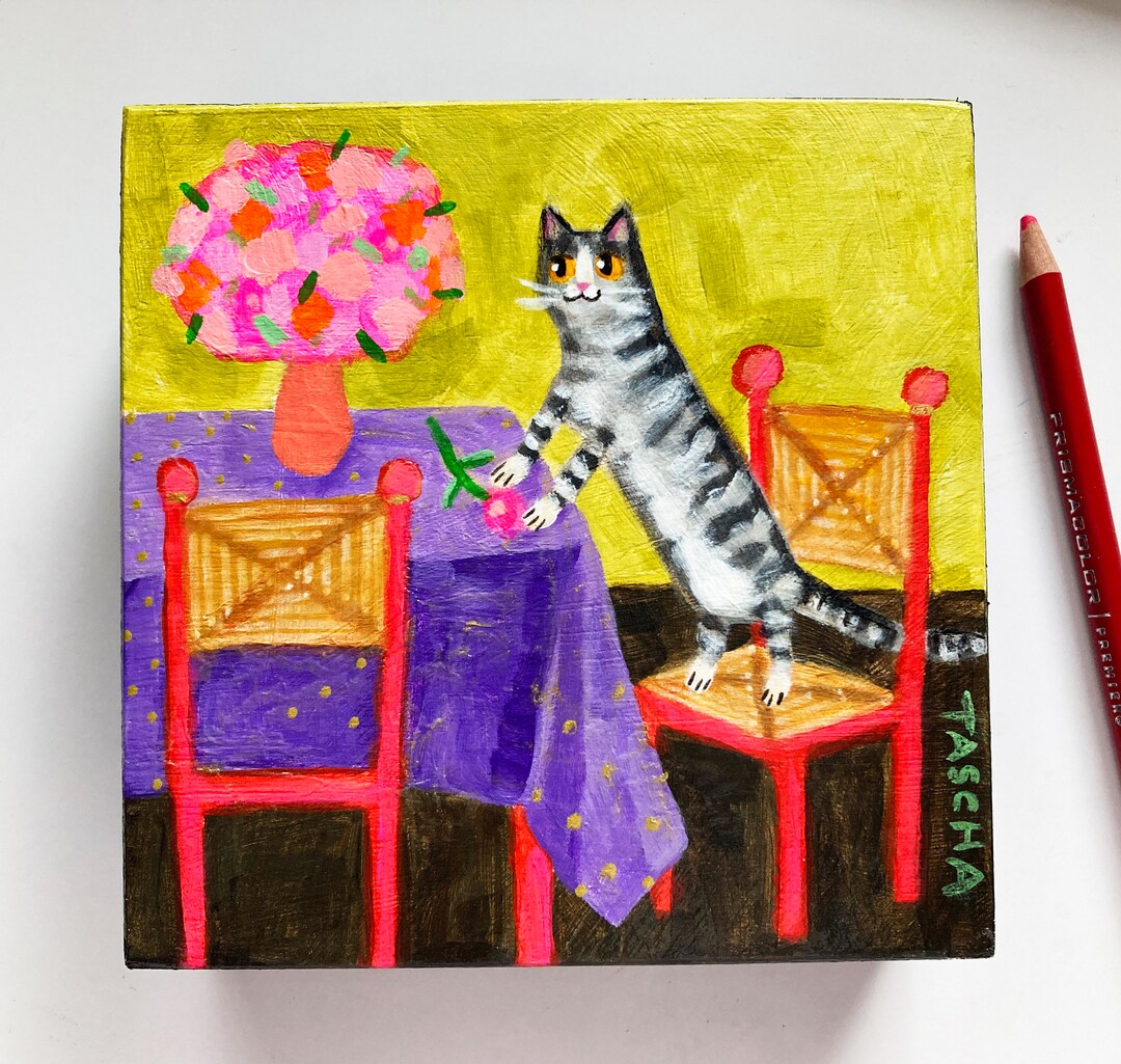 Original Painting Gray Tabby Cat Kitchen Flowers Acrylic Painting on ...