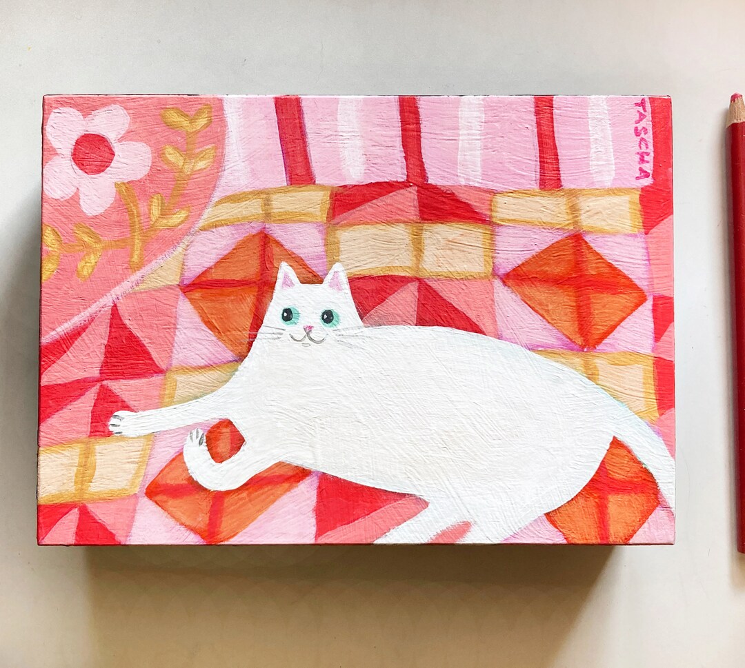 Original White Cat on Pink Patchwork Quilt Painting Cute Naive Folk Art ...
