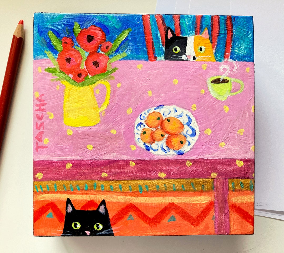 Original Two Cats Tablescape Painting Calico and Black Cat at - Etsy