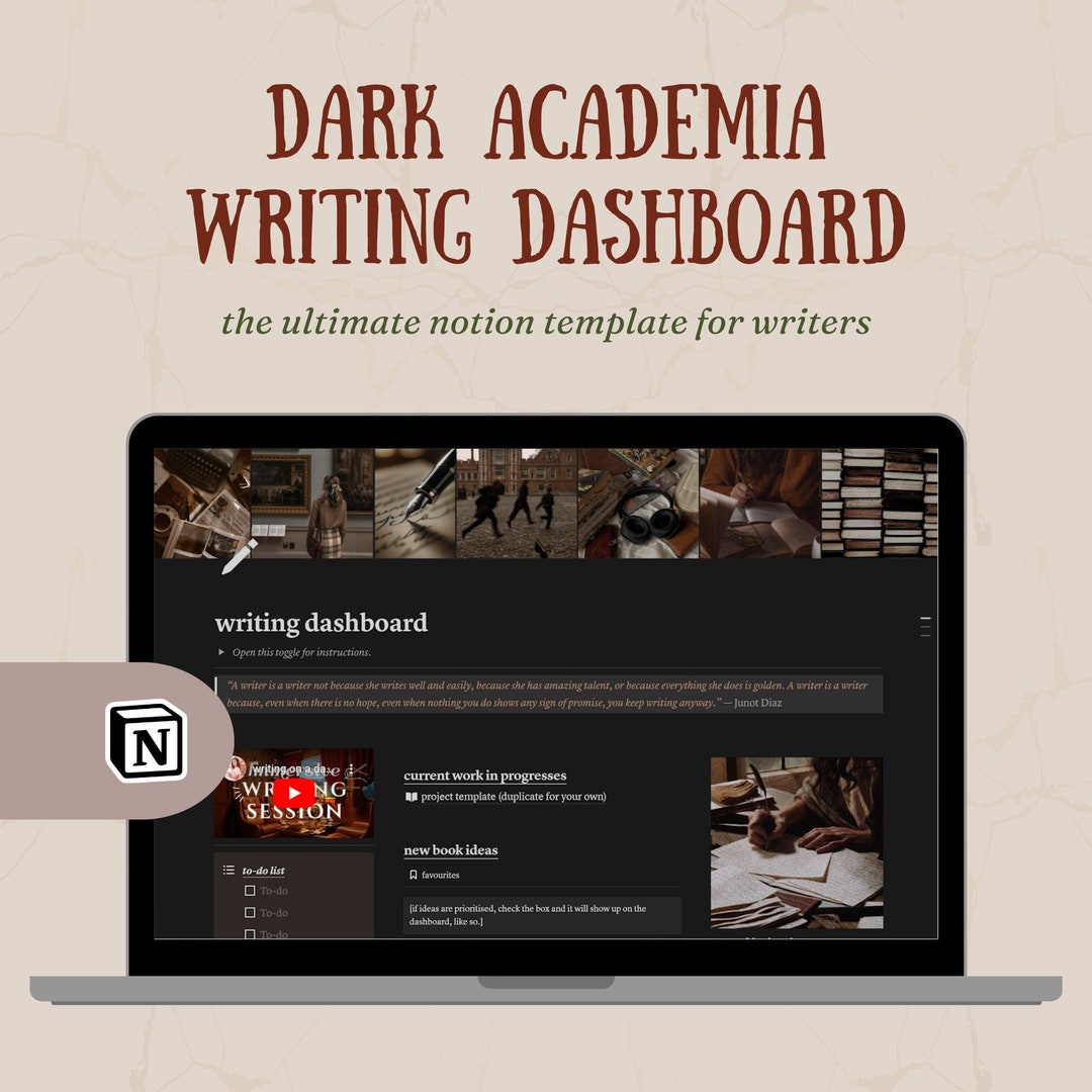 Dark Academia Writing Dashboard Aesthetic Digital Hub Template for Authors to Organize Novel ...