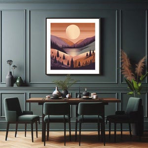 Digital Wall Art Mid Century Modern Sunset and Mountains, Retro Sunset ...