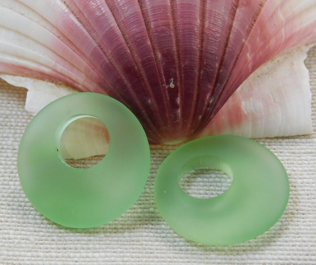Peridot Green Sea Glass Gogo Donut Pendants Pair 18mm Matte Frosted ...