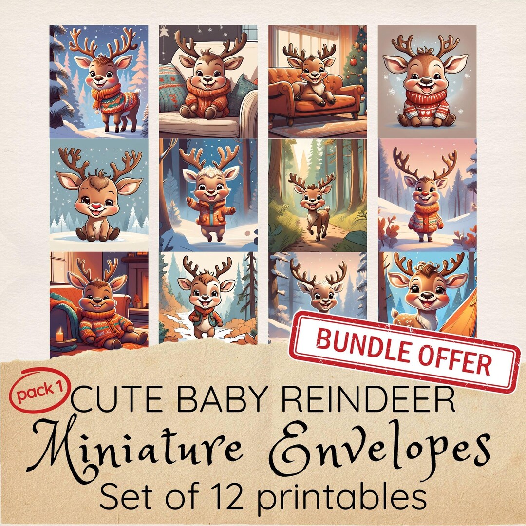 Christmas Printables Mini Envelope BUNDLE, Cute Reindeer Party ...