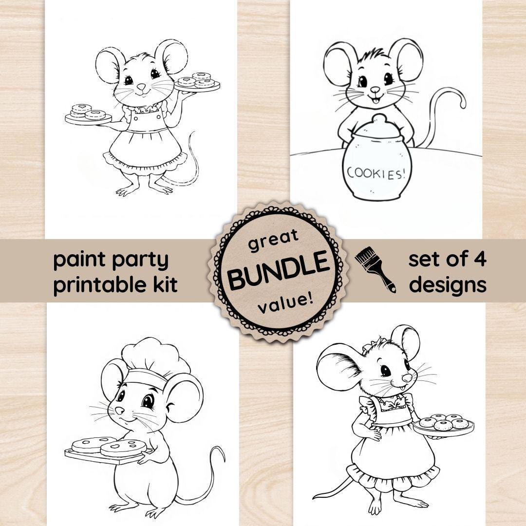 Mouse and Biscuit Paint Party BUNDLE, Printable Sip & Paint Tracer Kit ...