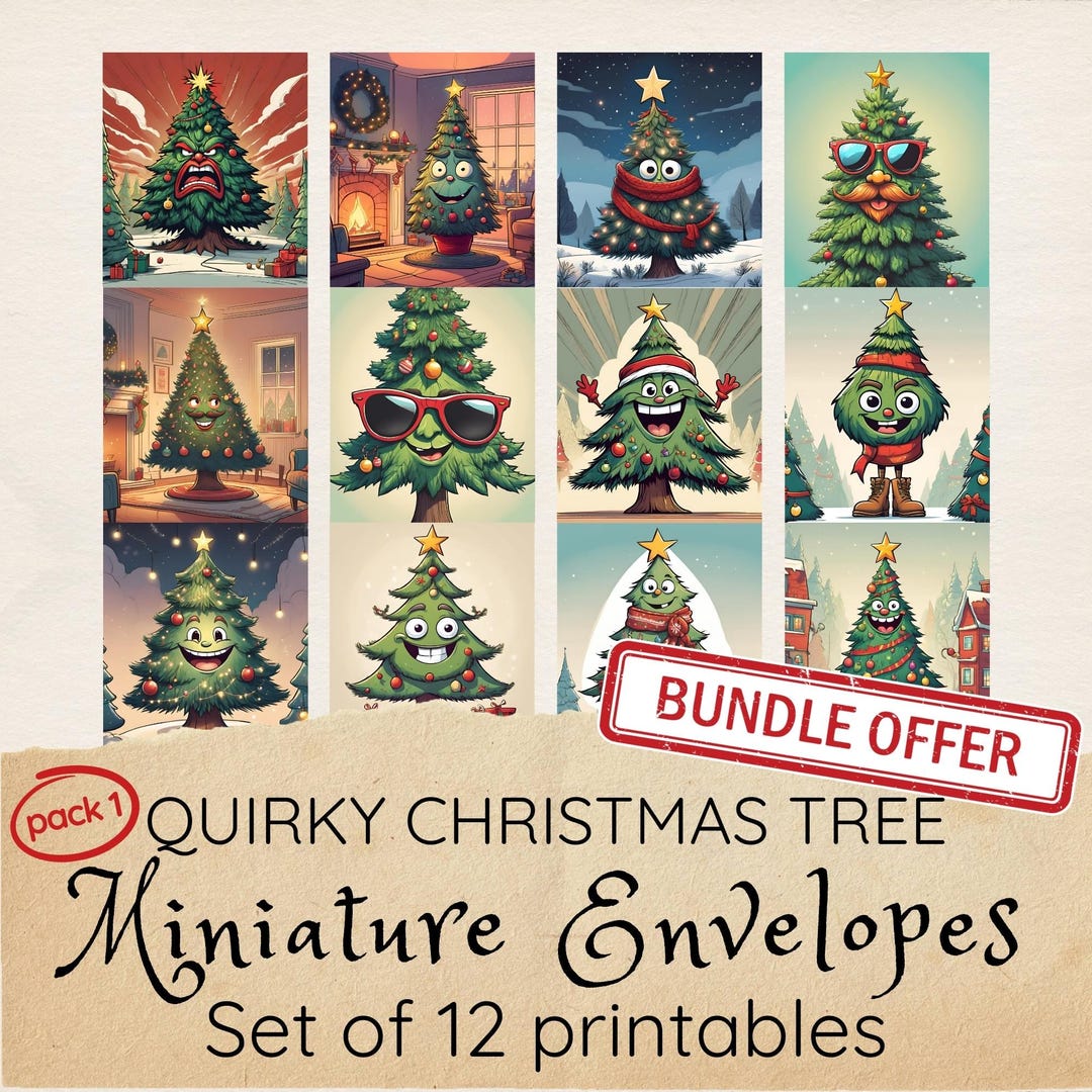 Christmas Printables Mini Envelope BUNDLE, Quirky Christmas Tree Party ...