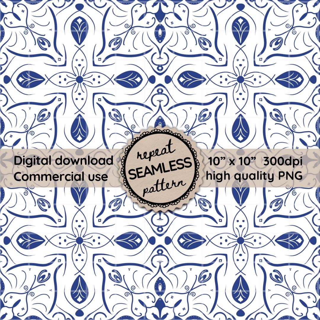 Blue & White Seamless Pattern, Hand Drawn Amalfi Tile Repeating Design ...