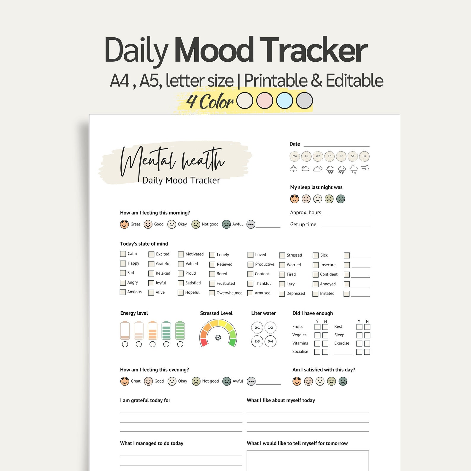 Daily Mental Health Journal, Printable Mood Journal PDF, Mood Tracker ...