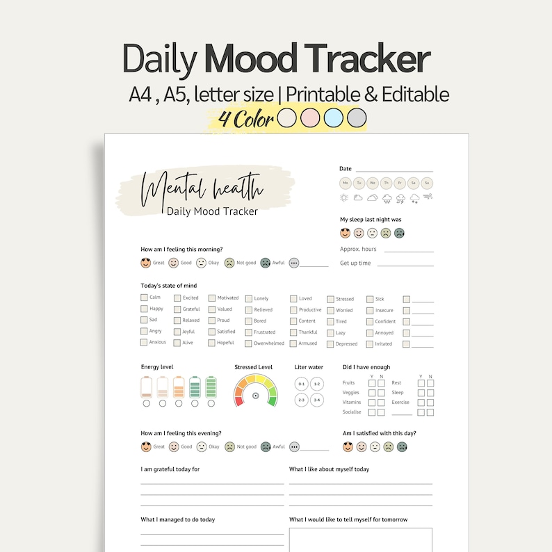 Daily Mental Health Journal, Printable Mood Journal PDF, Mood Tracker ...
