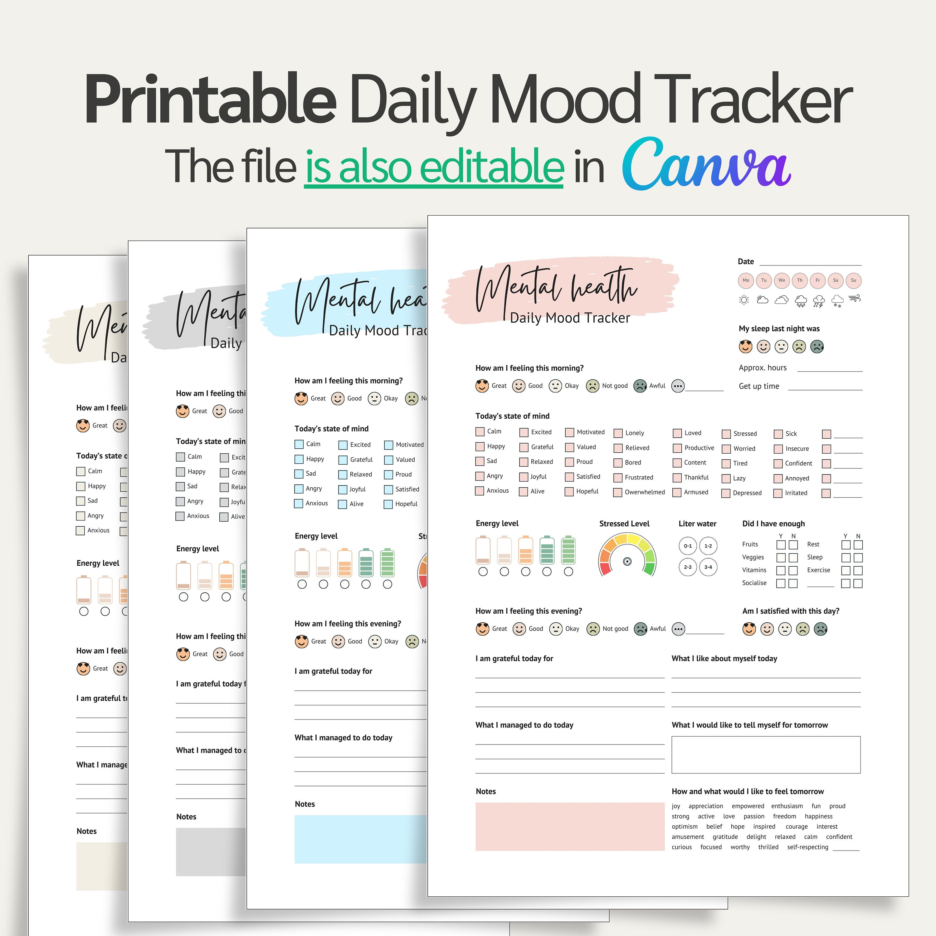 Daily Mental Health Journal, Printable Mood Journal PDF, Mood Tracker ...