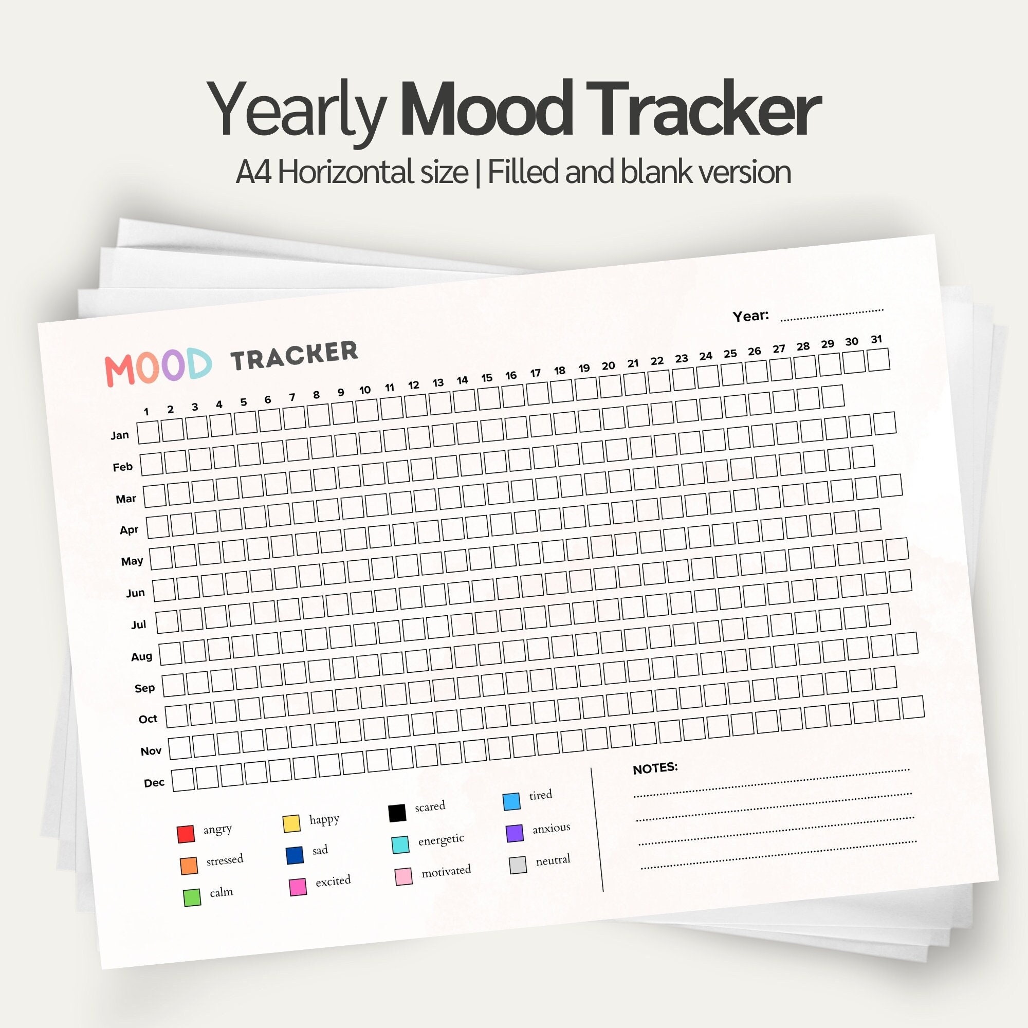 Yearly Mood Tracker, Printable Mood Journal, Feelings Chart, Mood Chart ...