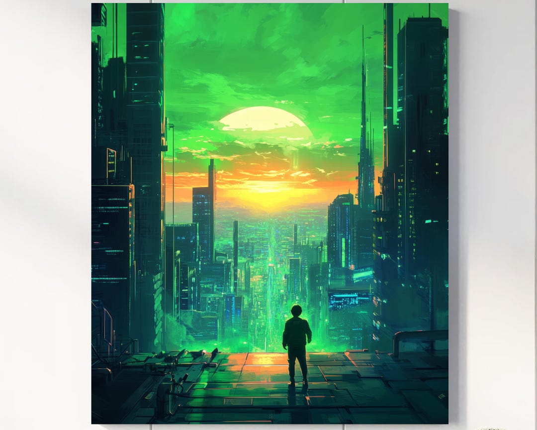 Cyberpunk Sunset City Poster View Over a Glowing City Science Fiction ...
