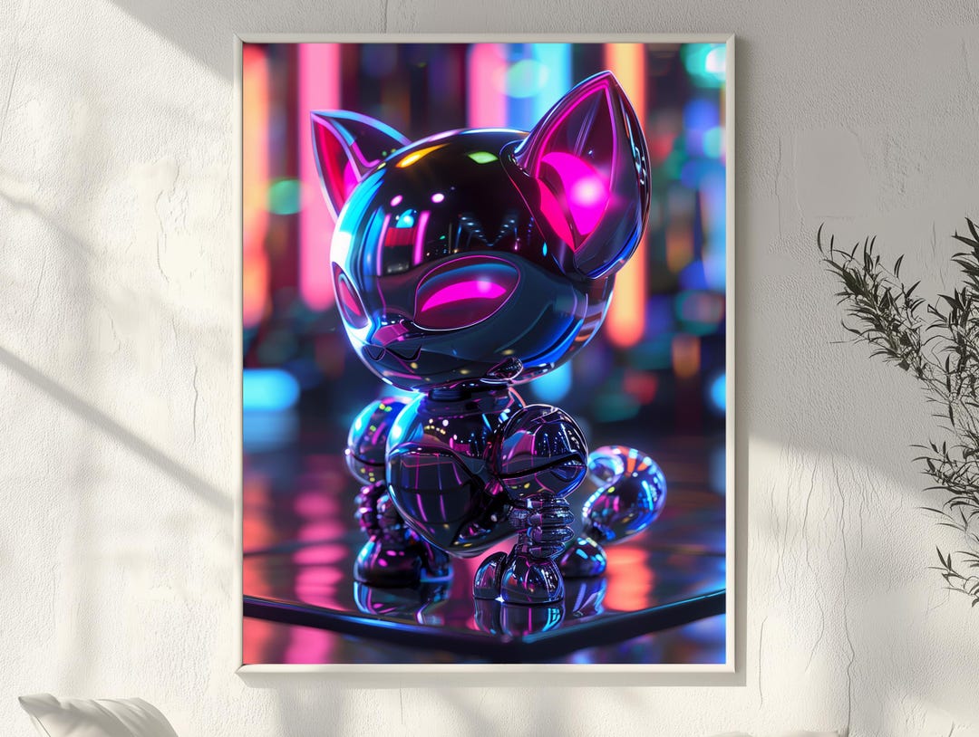 Cute Robo Kitten Poster Cyber Cat Wall Art With Bright Neon Lighting - Etsy