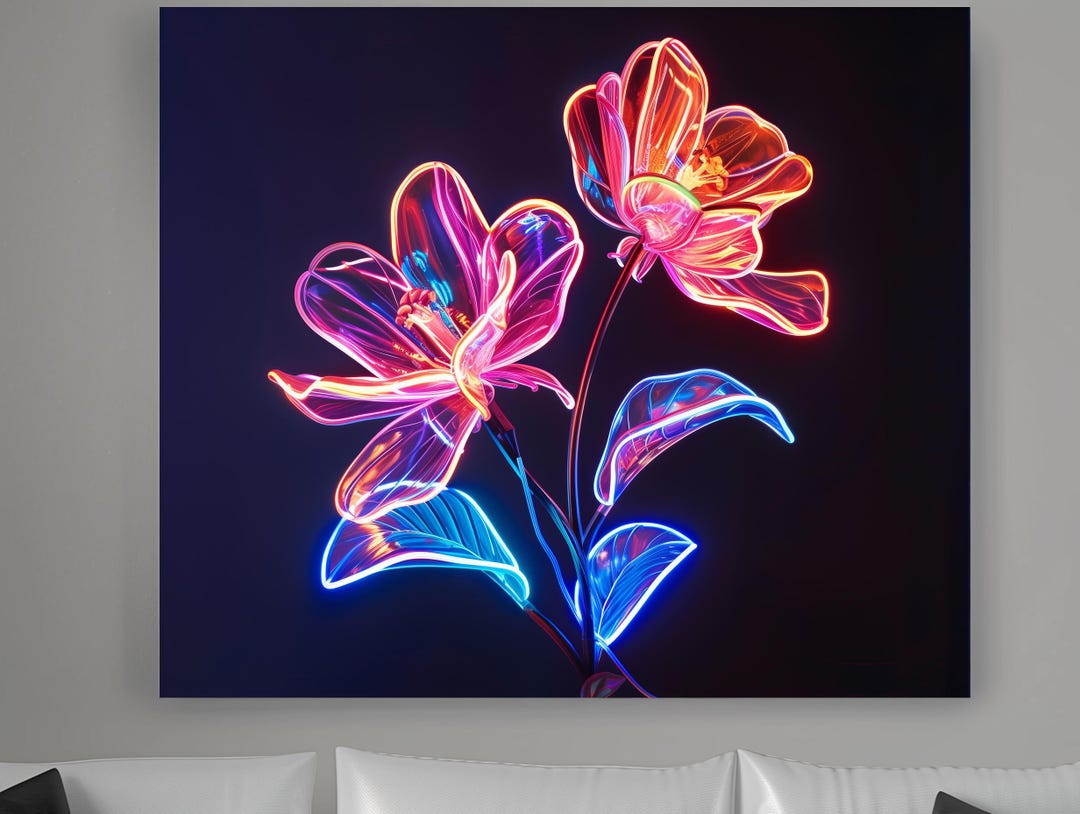 Bright Neon Light Flowers Poster Futuristic Wall Art Vivid and Modern ...