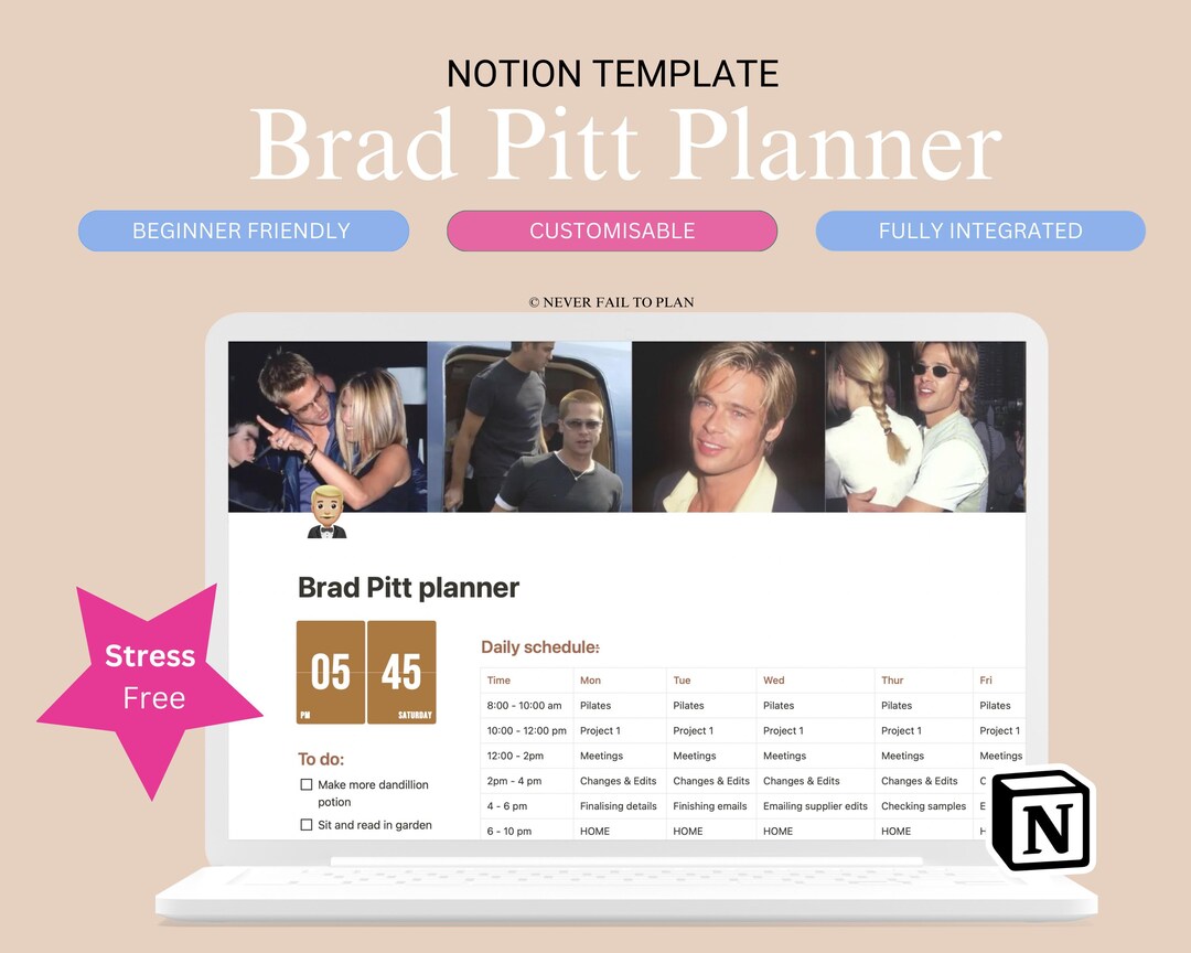 Brad Pitt Notion Planner Template, Brad Pitt Calendar, Brad Pitt ...