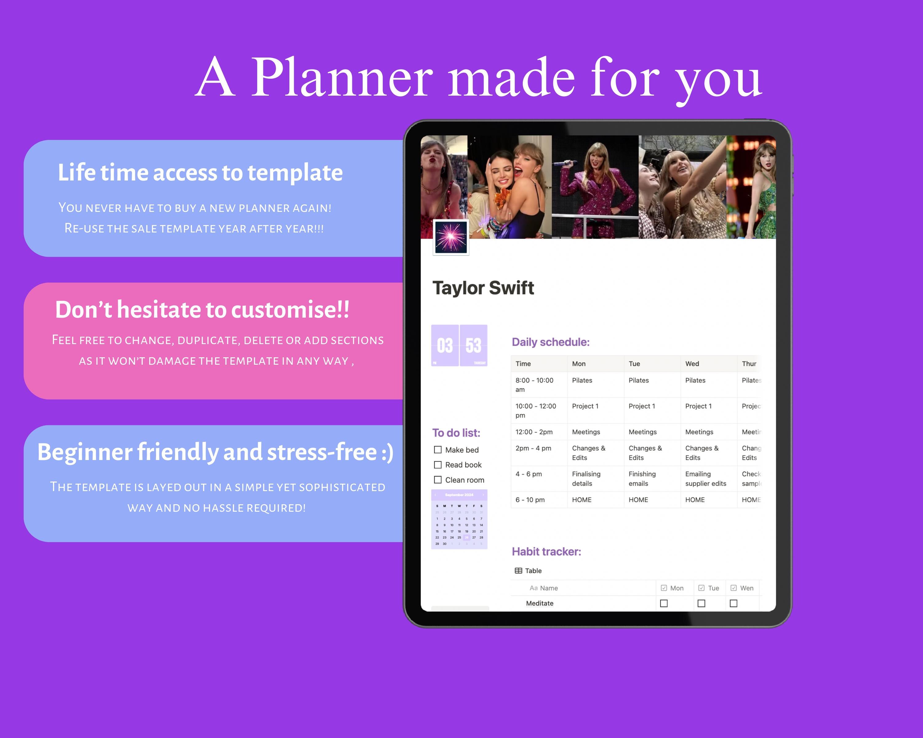 Taylor Swift Notion Planner Template, Taylor Swift Planner, Taylor ...