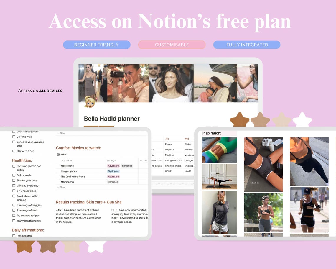 Bella Hadid Notion Planner Template, Bella Hadid Planner, Bella Hadid Calendar, Bella Hadid ...