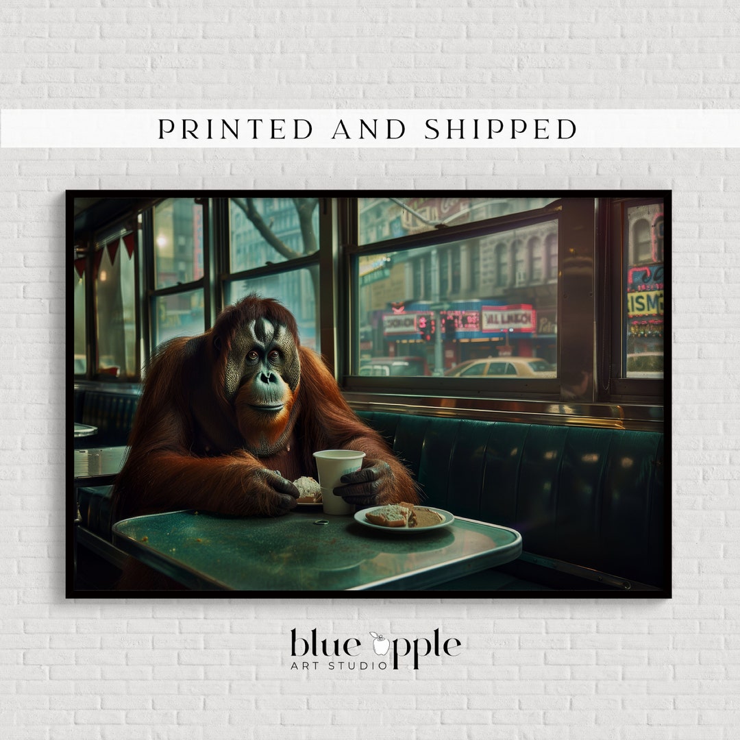 Orangutan in a Diner Poster - Fun Animal Art, Vibrant Wall Decor for ...