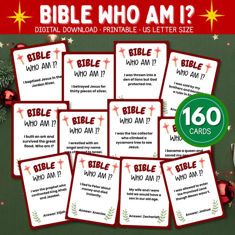 160 Bible Who Am I Trivia Cards Printable Christian Party Game for Kids ...