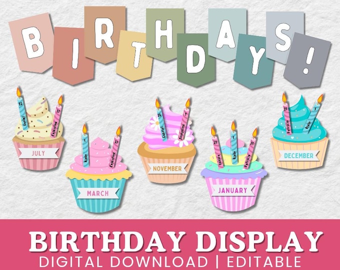 Editable Classroom Birthday Bulletin Board, Cupcake Bulletin Board ...
