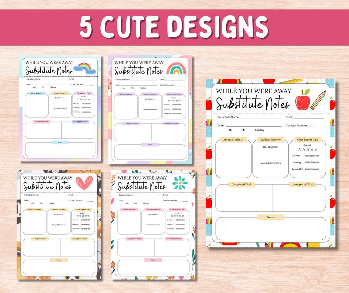 Editable Substitute Teacher Binder While You Were Away Notes Feedback ...