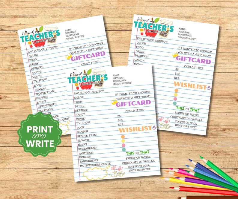 Teacher Favorites Survey | Printable Appreciation Questionnaire for ...