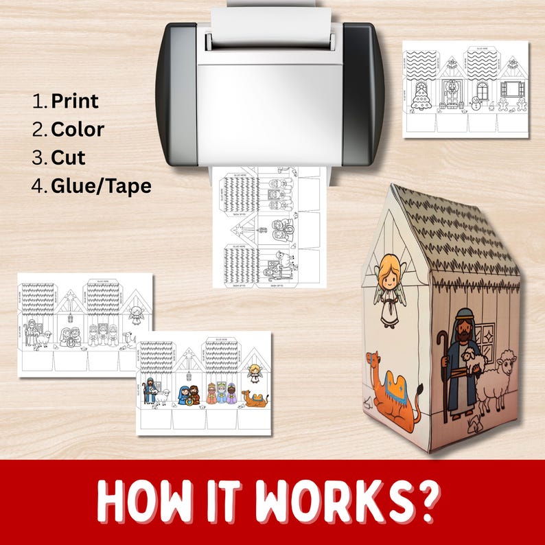 3D Nativity Scene Paper House Template Christmas Coloring Craft for ...