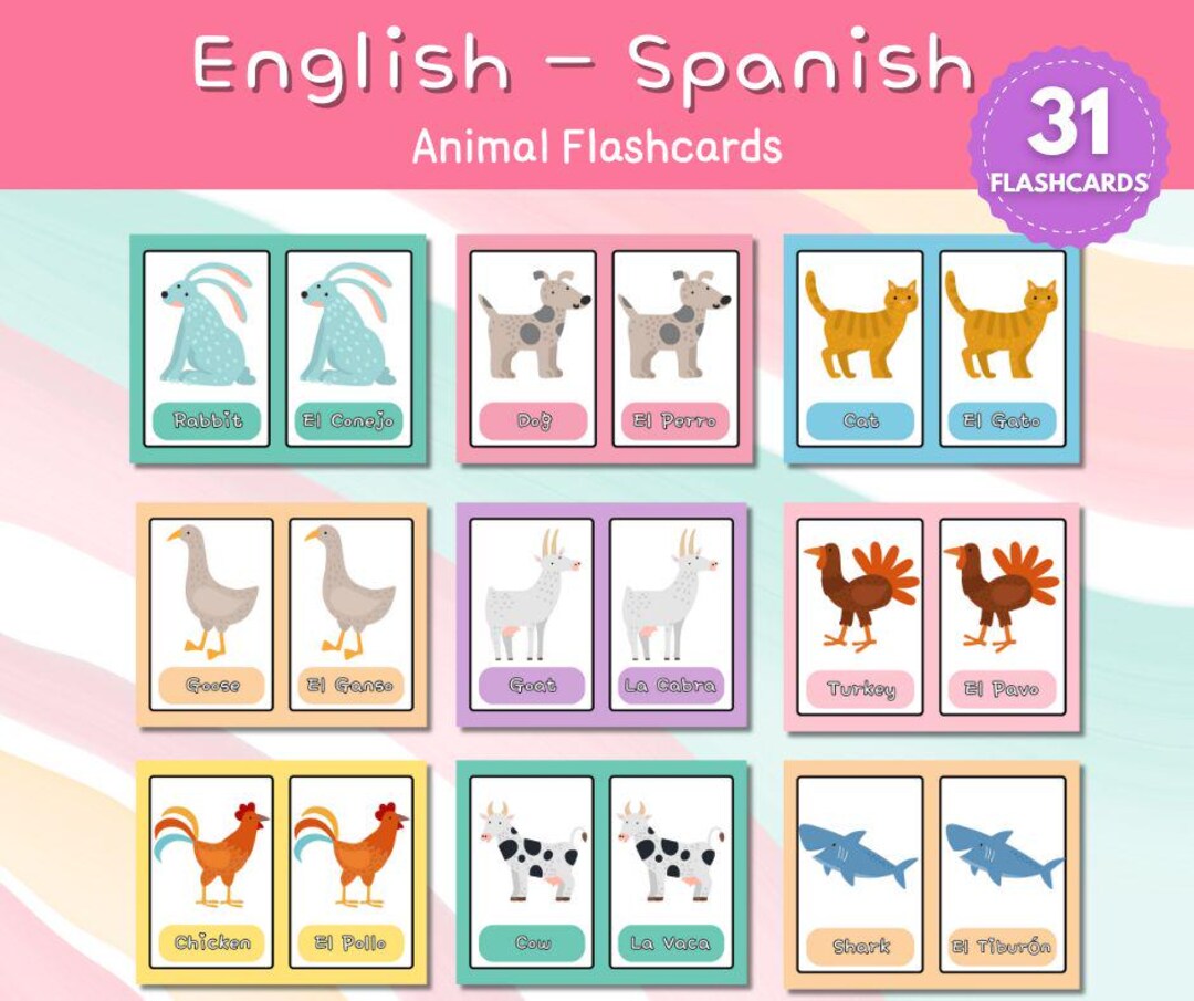 English-spanish Animal Flashcards: Fun Vocabulary for Kids (set of 31 ...