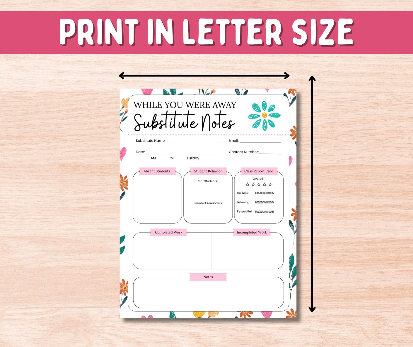 Editable Substitute Teacher Binder While You Were Away Notes Feedback ...