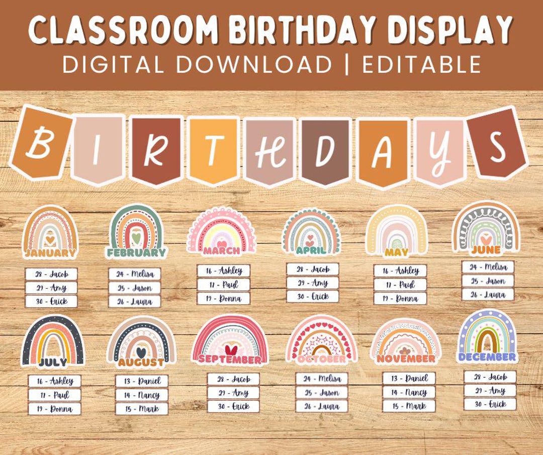 Editable Rainbow Birthday Board for Classroom Decor – Boho-themed ...