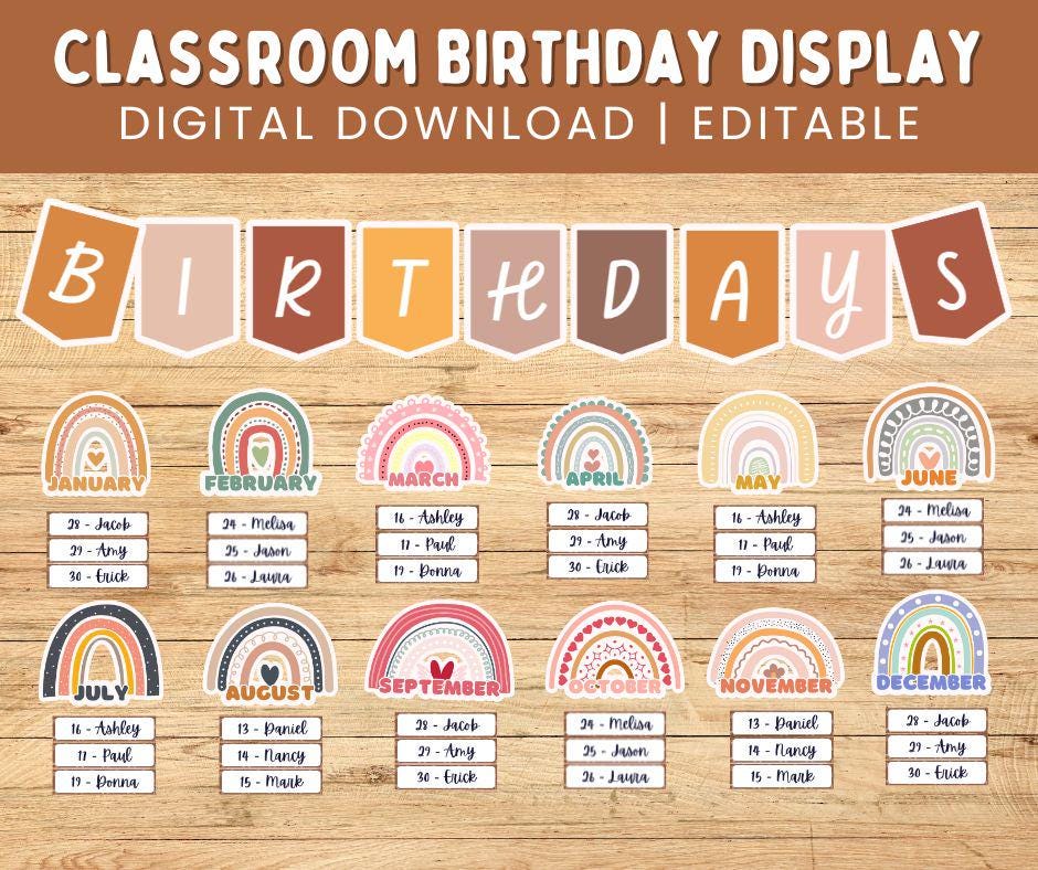 Editable Rainbow Birthday Board for Classroom Decor – Boho-themed ...