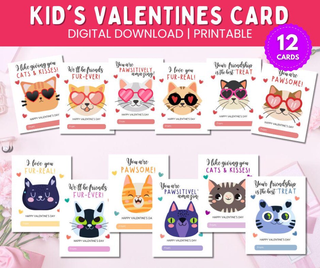 Cat-themed Valentine Cards for Kids – Printable Classroom Valentines ...