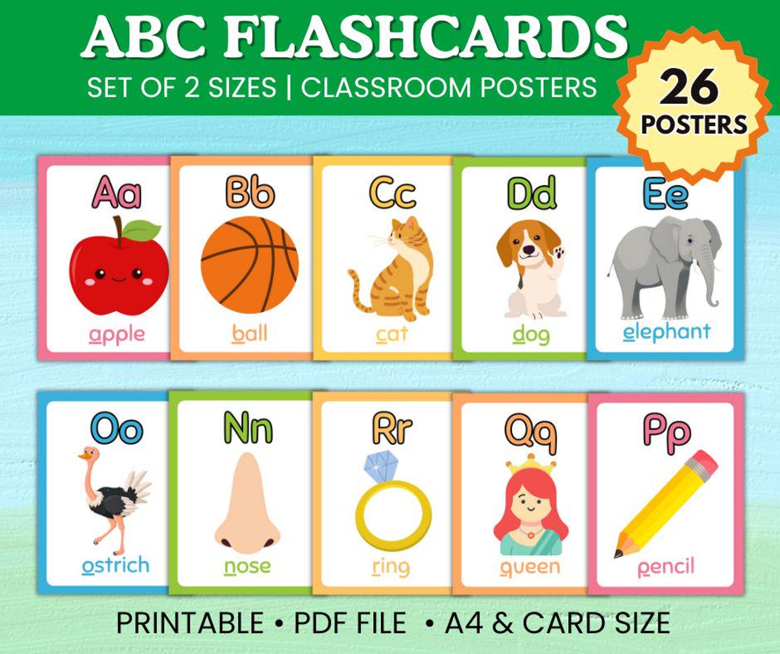 26 ABC Flash Cards, Educational Cards, A-Z Cards, Learn Abcs, Alphabet ...
