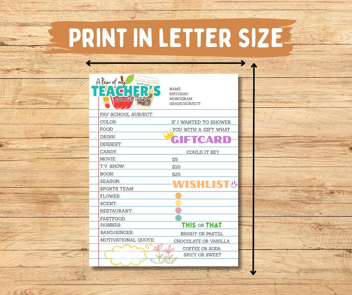Teacher Favorites Survey | Printable Appreciation Questionnaire for ...
