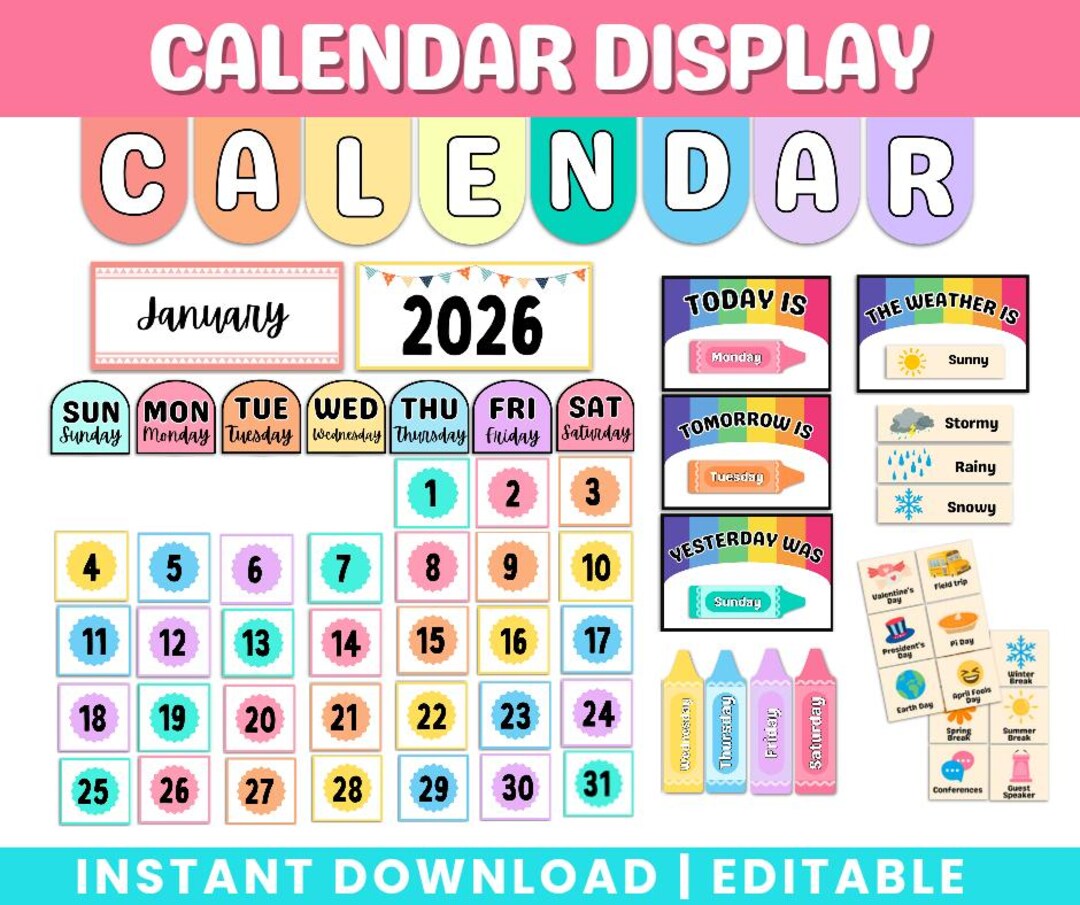 Classroom Calendar Set Printable, Pocket Chart Calendar Cards, Calendar ...