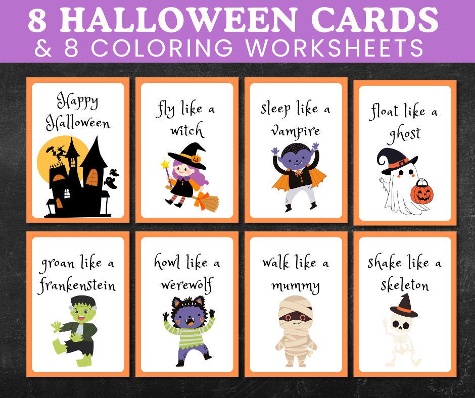 Halloween Printable 8 Flashcards and Coloring Worksheets | Halloween ...