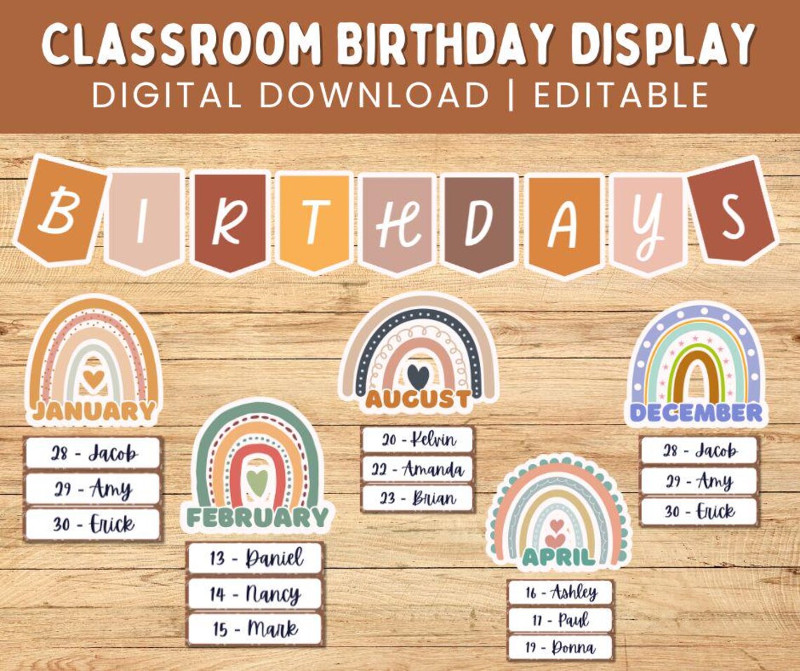 Editable Rainbow Birthday Board for Classroom Decor – Boho-themed ...