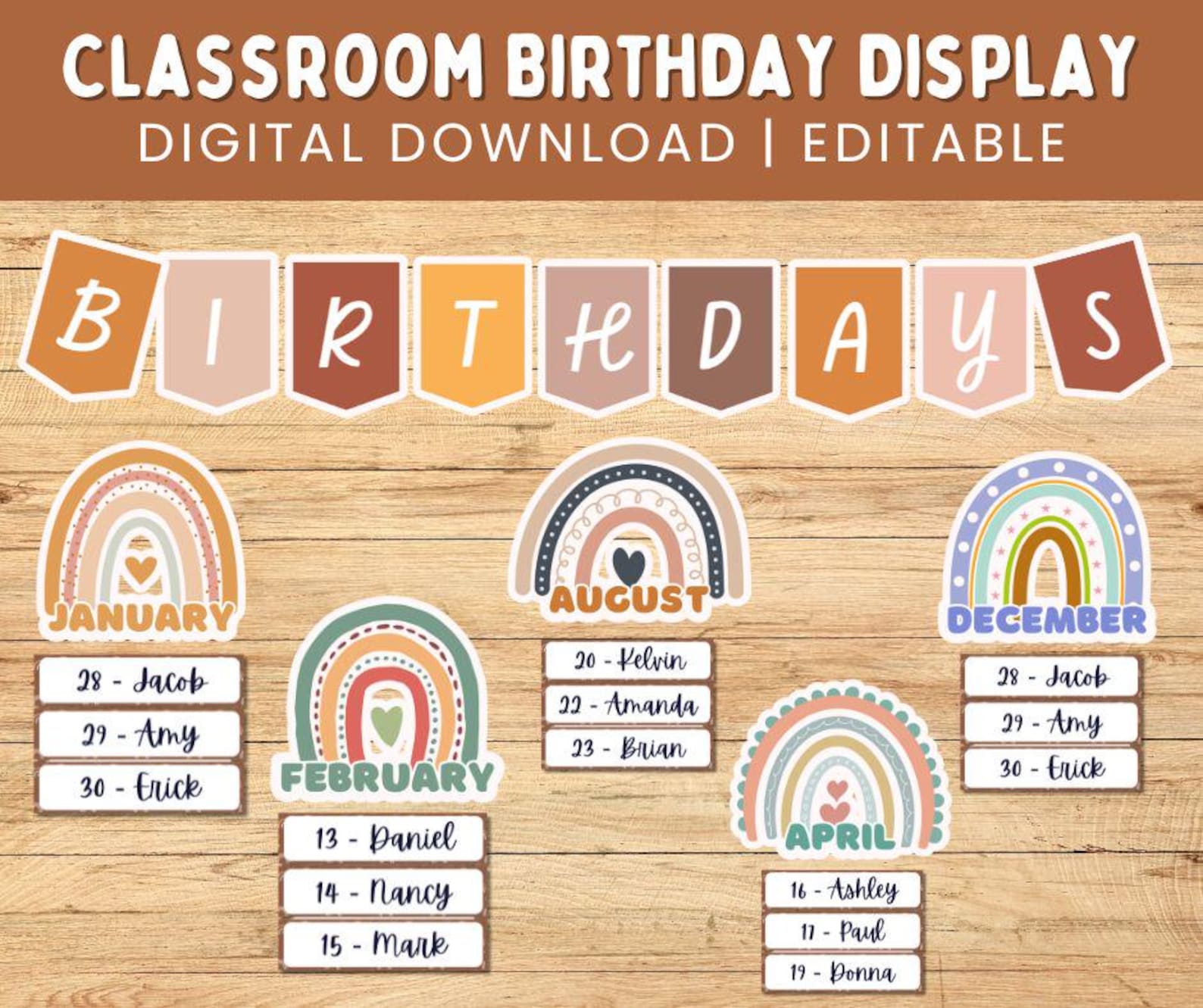 Editable Rainbow Birthday Board for Classroom Decor – Boho-themed ...