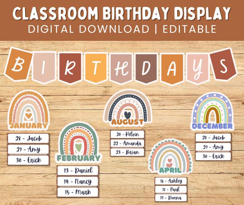 Editable Rainbow Birthday Board for Classroom Decor – Boho-themed ...