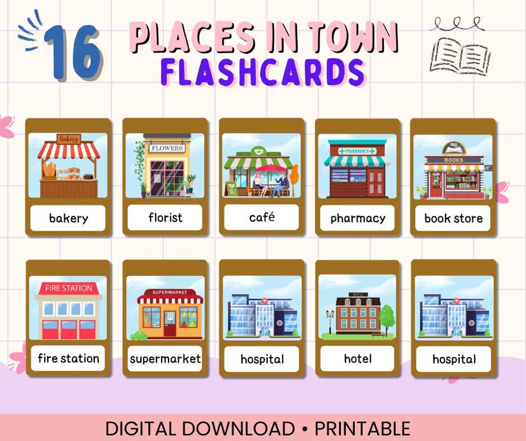 Places in Town Flashcards for Kids: Visual Learning (digital Download ...