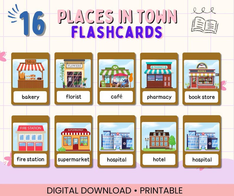 Places in Town Flashcards for Kids: Visual Learning (digital Download ...