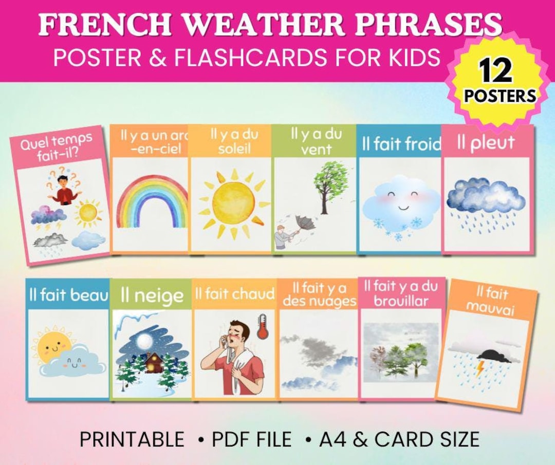 French Weather Phrases , Classroom Poster, French Flashcards for Kids ...