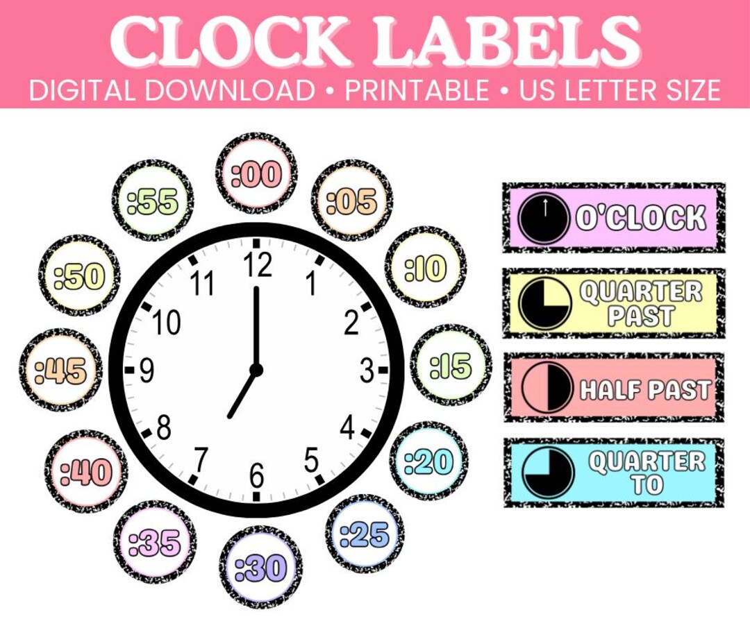 Classroom Clock Labels | Pastel Composition Notebook Theme | Printable ...