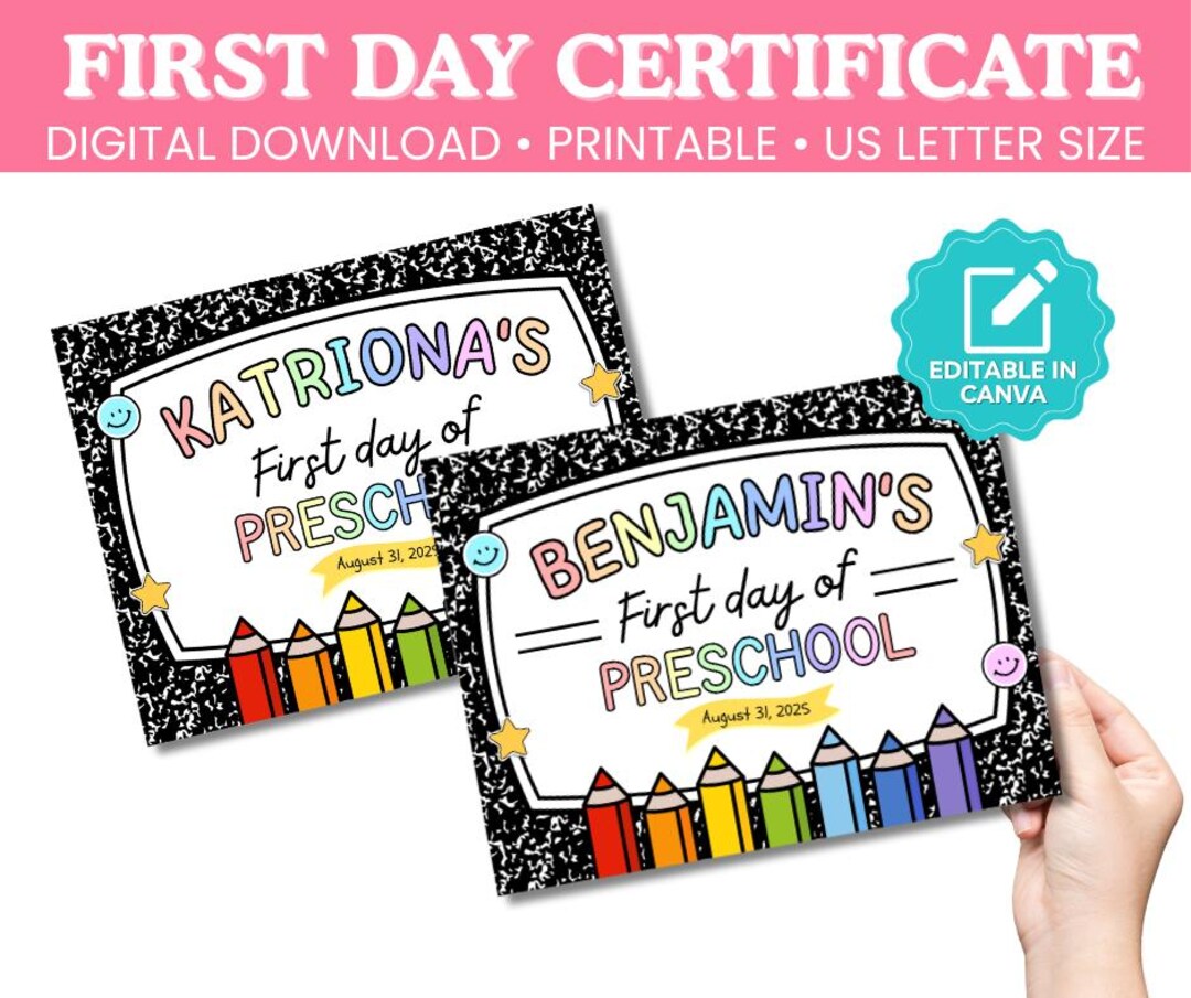 Editable First Day of School Certificate | Printable Student Award ...