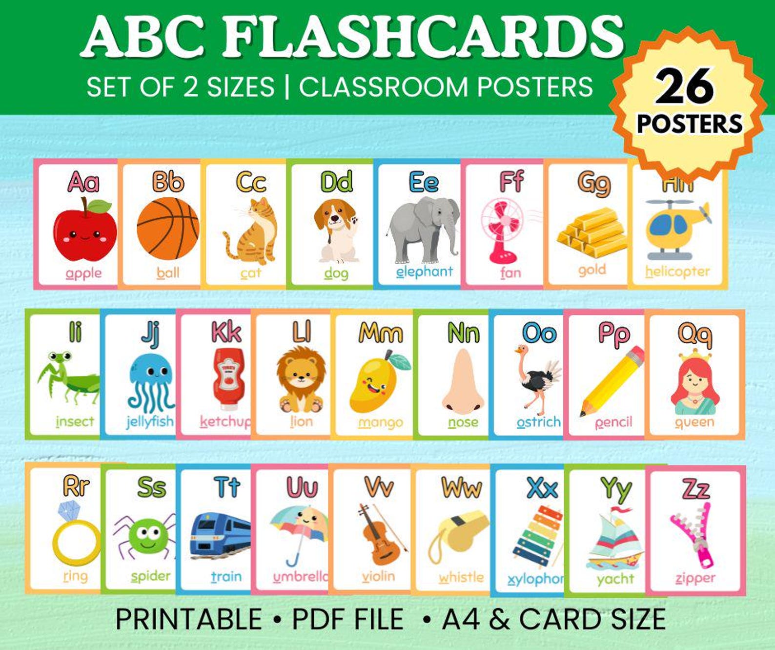 26 ABC Flash Cards, Educational Cards, A-Z Cards, Learn Abcs, Alphabet ...