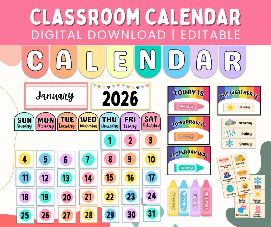 Classroom Calendar Display and Weather Station Printable Bright Pastel ...